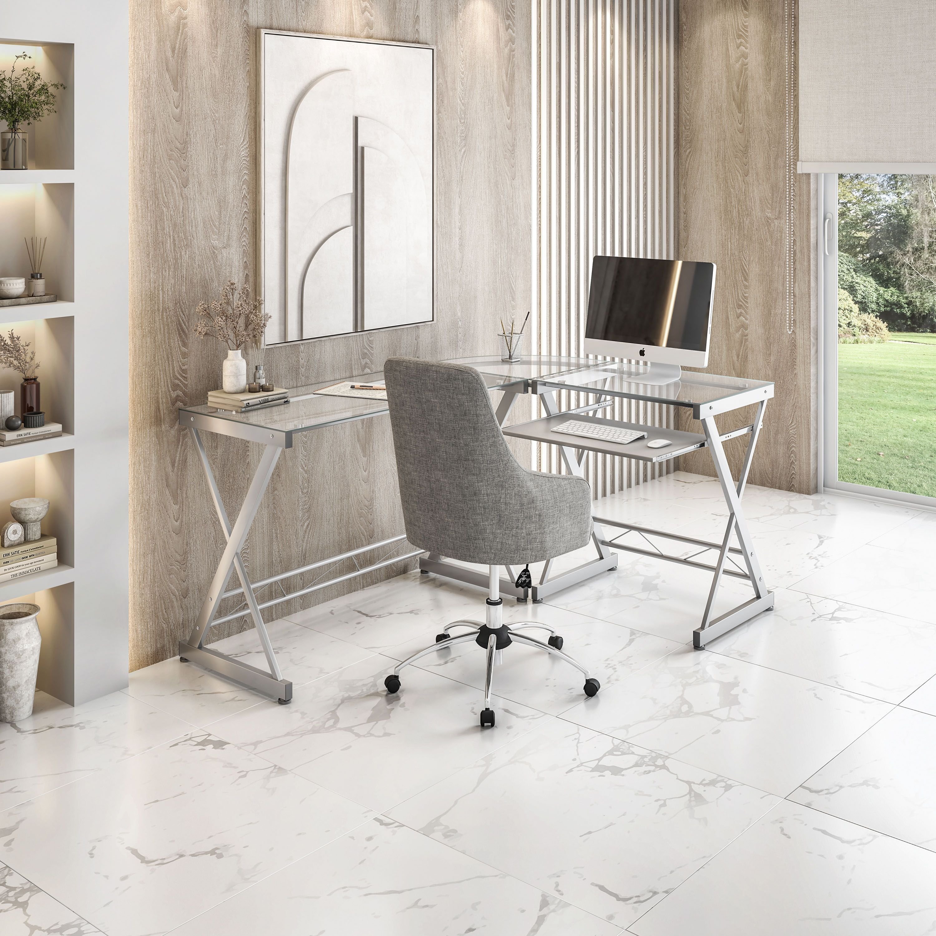 Techni Mobili L-Shaped Tempered Glass Top Computer Desk with Pull Out ...